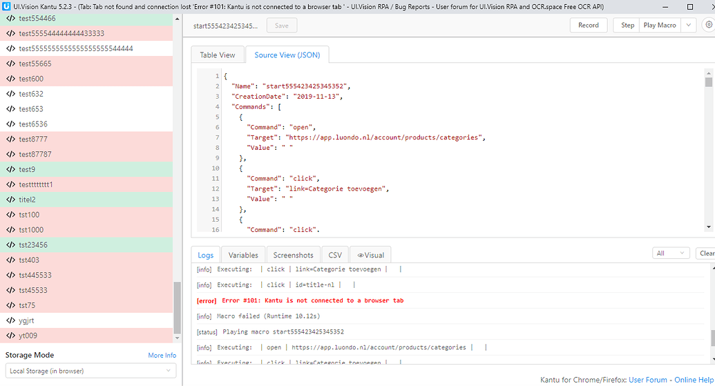 Tab not found and connection lost 'Error #101: Kantu is not connected to a browser tab ' - Bug ...