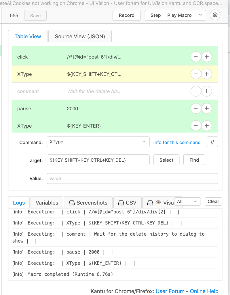 deleteAllCookies not working on mac - HowTo - Ui.Vision, AI & OCR Community Forums